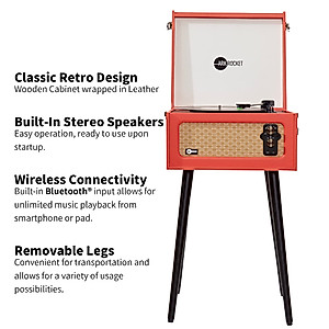 Arkrocket 3-Speed Bluetooth Record Player Retro Turntable with Built-in Speakers Rocket Moving Magnet Cartridges and Removable Legs (Orange)