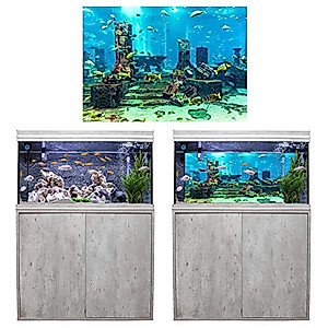 GLOGLOW Aquarium Poster, Underwater City Ruins Background Sticker Thicken PVC Adhesive Static Cling Backdrop Fish Tank Decorative Paper(76×46cm)