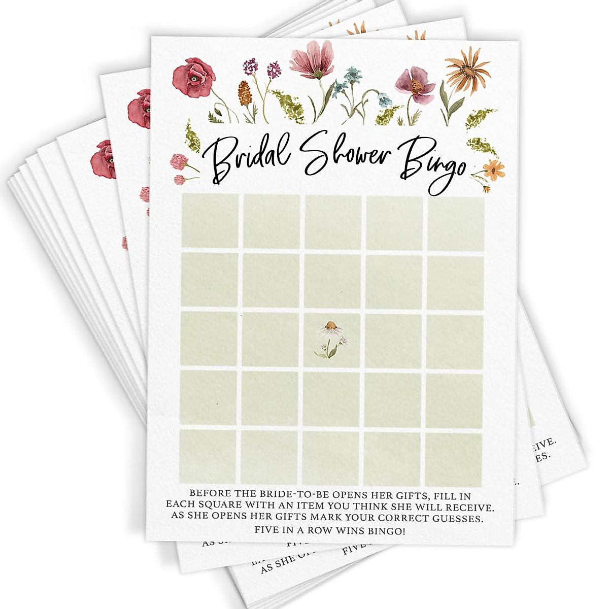 Printed Party Bridal Shower Game Set – 4 Fun Games and Activities for 30 Guests, Includes Bingo, Emoji Guessing, and Bride & Groom Trivia, Love In Bloom Wildflower Design