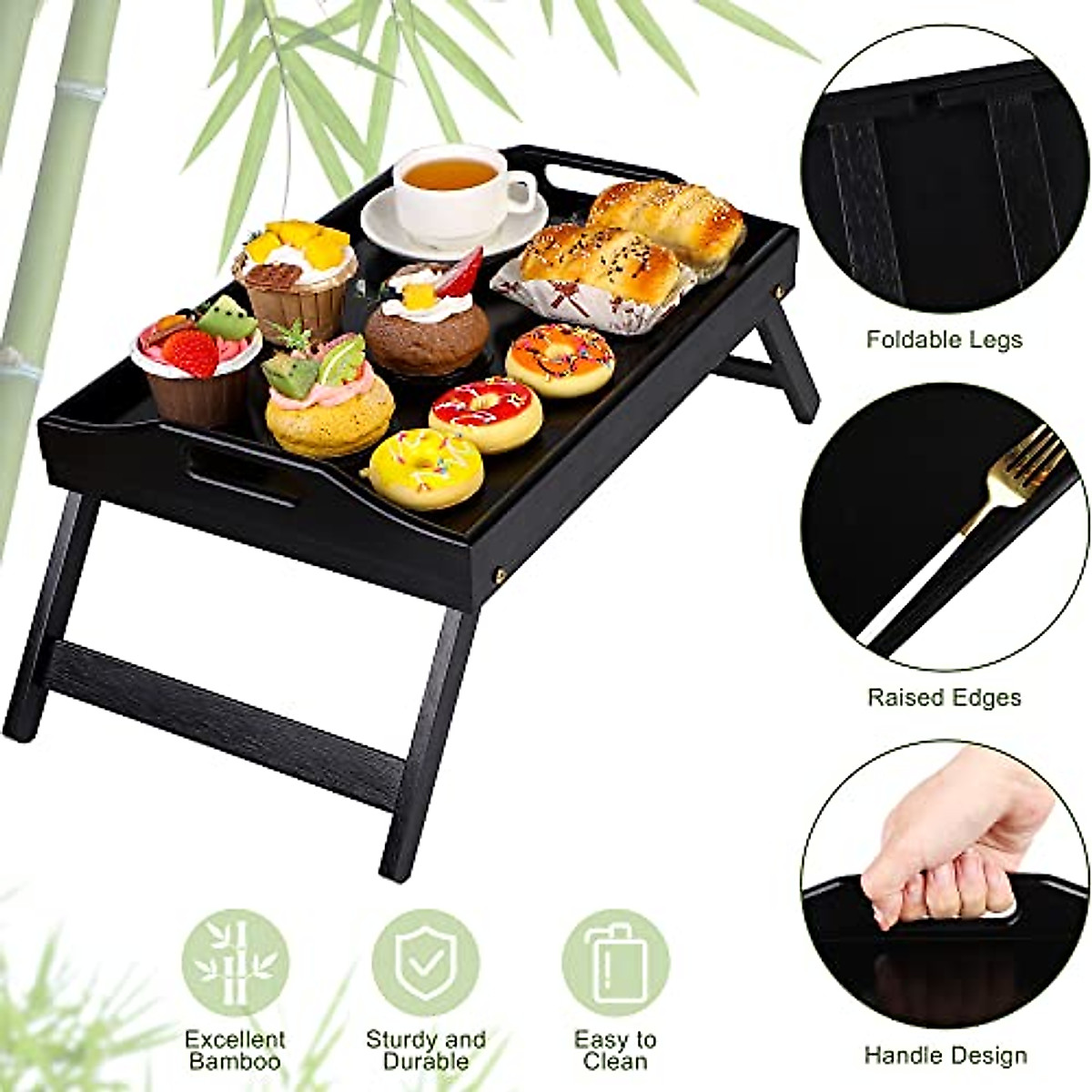 Kochorie 2 Packs Bed Tray Table Bamboo Breakfast Tray with Folding Legs Kids Serving Platters Tray Lap Desk Snack Tray for Bed Sofa Eating Working (15.8 x 11 x 6.9 Inches, Black)