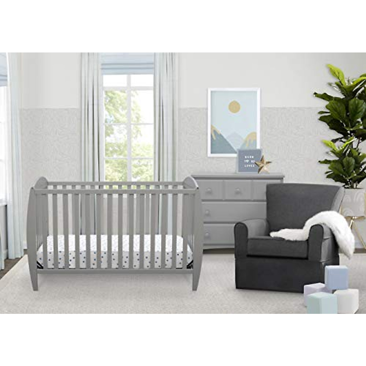 Delta Children Twinkle 4-in-1 Convertible Baby Crib, Easy to Assemble, Sustainable New Zealand Wood, Grey