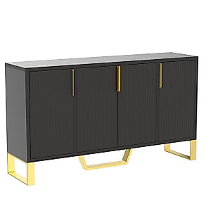 LUMISOL Sideboard Buffet Cabinet, Modern Kitchen Sideboard with 4 Doors, Wooden Storage Cabinet with Metal Base and Marble Sticker Desktop, Mid Century Console Table for Dining Living Room, Black