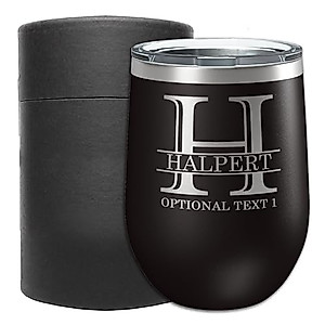 Personalized 12oz (17 Colors) Powder Coated Stainless Steel Stemless Wine Tumbler with Lid, Custom Etched, Customized Gift for Women Her, Wine Lover, Halpert Monogram Initial Name (Black)