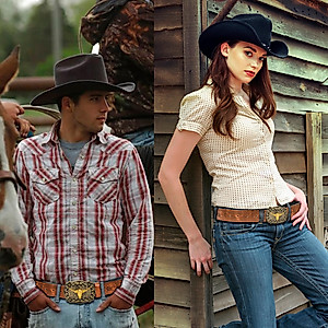 Mealah Men-Women-Western-Cowboy-Belt PU-Leather Floral Engraved-Bull-Buckle-Belts for Jeans (for 25" to 38" Waist)
