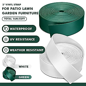 2 Pack 2 Inch Wide 26 Feet Length Vinyl Strap with 50pcs Medium Rivets Heavyweight Webbing Straps Furniture Replacement Straps for Patio Outdoor Lawn Garden Furniture DIY Repair (White and Dark Green)