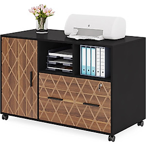 Tribesigns Large File Cabinet with Lock and Drawer, Modern Mobile Lateral Filing Cabinet Printer Stand Legal/Letter / A4 Size with Wheels and Storage Shelves for Home Office (Brown)