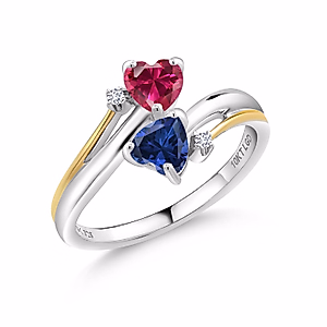 Gem Stone King 925 Silver and 10K Yellow Gold Red Created Ruby Blue Created Sapphire and Lab Grown Diamond 2 Heart Promise Couple Engagement Mother Ring (1.12 Cttw, Available In Size 5, 6, 7, 8, 9)