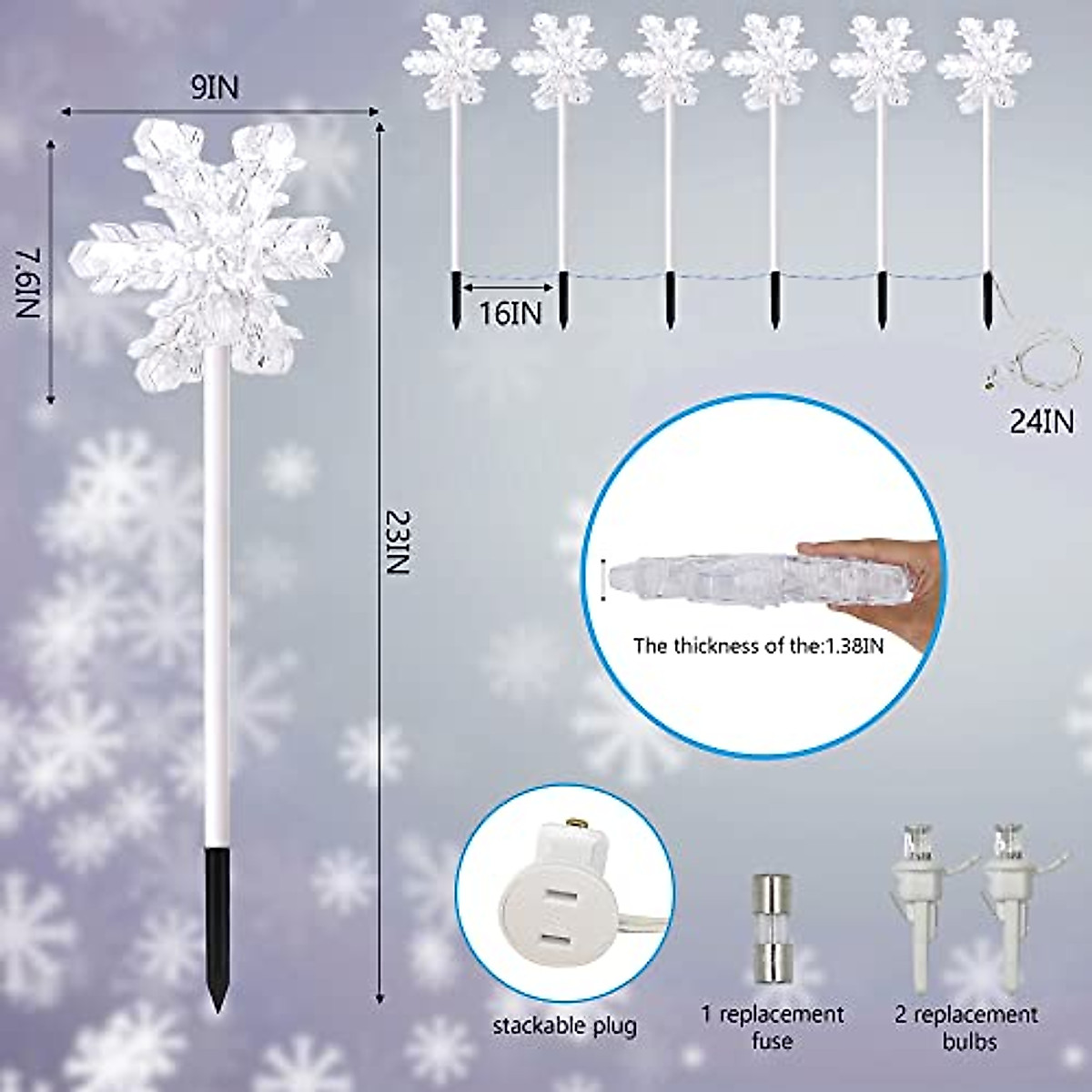 WATERGLIDE Set of 5 Snowflake Christmas Pathway Lights Outdoor, 9" x 23" Large Snowflake Lights Pathway Marker, Plug in Holiday Garden Decorative Lights with Stakes for Walkway Patio Yard Xmas Decor