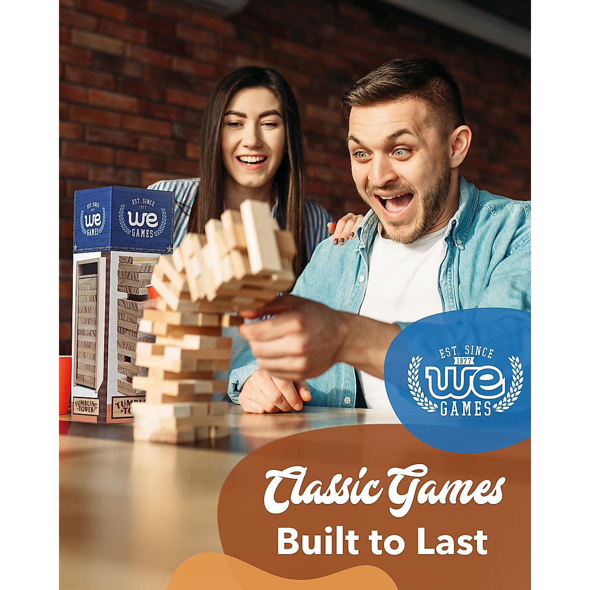 WE Games Wooden Block Stacking Party Game for Adults, Tumble Tower Wedding Guest Book Alternative, Tabletop Games, Includes Storage Case, 12 inches