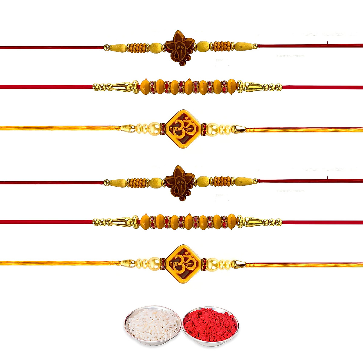 CRAFTONE Set of 6 Om & Ganesha Design Traditional Rakhi for Brother, Designer Rakhi Set for Raksha Bandhan, Moti Beads Rakhi Thread Bhaiya Bhabhi Sister Rakhi Band for Rakshabandhan with Roli Chawal