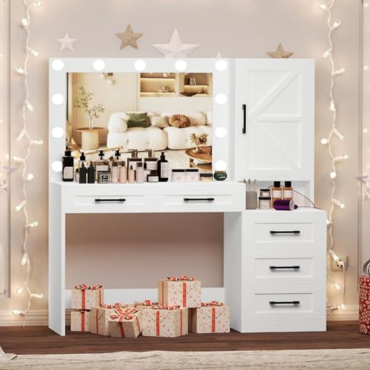 Irontar Makeup Vanity Desk with Charging Station, Farmhouse Makeup Desk with Lights Mirror and Drawers, Vanity Table with Side Cabinet, Dressing Table for Women, White WDT008W