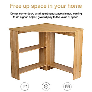 HEVIRGO Corner Desk,90 Degrees Triangle Computer Desk,Bedroom Makeup Vanity Desk,Desk with Drawers and Open Shelves,Small Space Industrial Desk for Home Office,Workstation,Living Room Light Brown