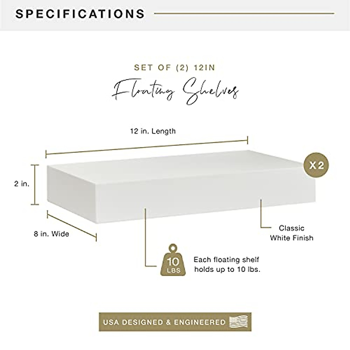 MCS Floating Shelf, Room Decor Wooden Shelf, White, 12 x 8 Inch, Set of 2