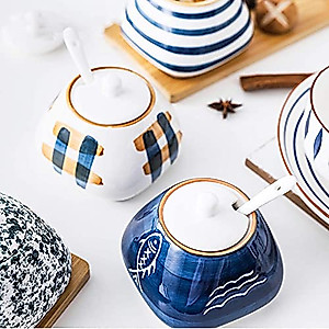 DGVR Porcelain Condiment Jar Spice Container with set of 3 Ceramic Condiment Pot Seasoning Box with Ceramic Serving Spoon and Lid - Bamboo Tray Porcelain Sugar Bowl for Home Kitchen 300ml (10.6oz) 1