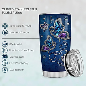 Wassmin Butterfly Tumbler Butterflies Gift For Women Girls Teen Jewelry Drawing Style Stainless Steel Insulated Tumblers 20oz Coffee Travel Mug Cup With Lid Birthday Christmas Presents