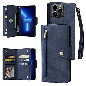 QDSKY iPhone 13 Pro Max Cases, iPhone 13 Pro Max Wallet Case for Women with 9 Card Holders & Kickstand & Strap PU Leather Flip Case for iPhone 13 Pro Max 6.7, Blue