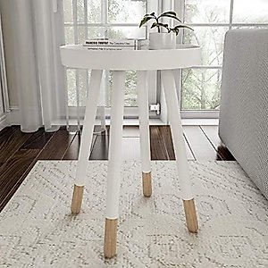 Round End Table - 2-Tone Mid-Century Modern Home Accent Table with Tray Top for Living Room, Bedroom, or Office by Lavish Home (White)