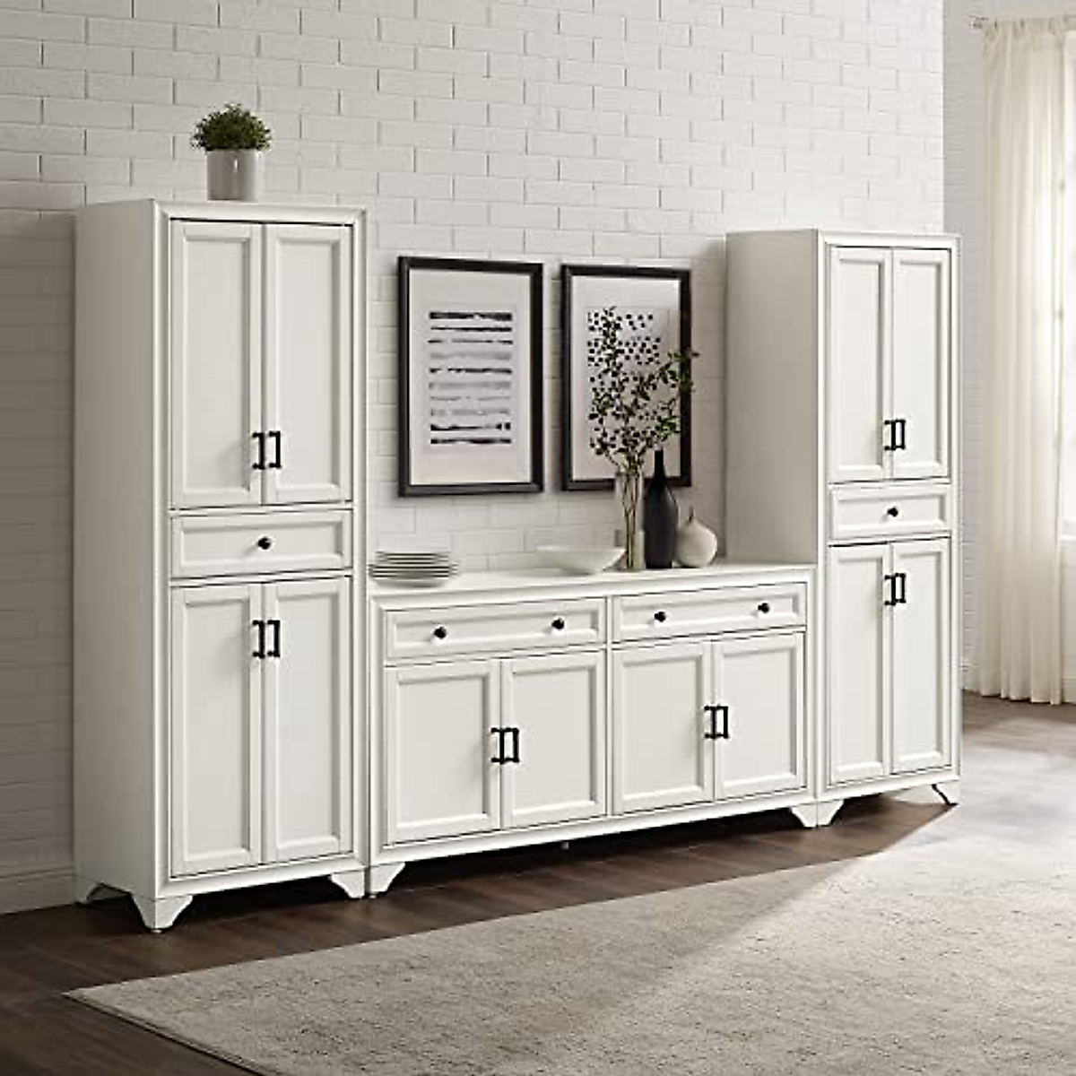 Crosley Furniture Tara 3-Piece Modern Farmhouse Sideboard Buffet Cabinet and Kitchen Storage Pantry Set, Distressed White