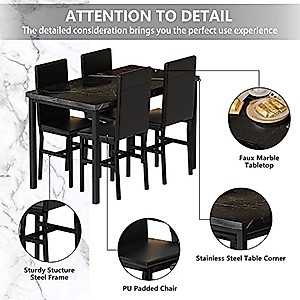 Hooseng Dining Table Set for 4, Space Saving Kitchen Table and Chairs for 4, Modern Style Faux Marble Tabletop & 4 PU Leather Chairs, Perfect for Dining Room,Breakfast Corner Small Spaces,Black
