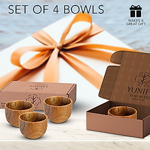 YUNIFF Teak Wood Rice Bowl, Wooden Small Bowl, Condiment Bowl for Sauces, Soups and Nuts, All Natural, Lightweight and Easy to Clean Set of 4