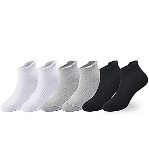 EPEIUS Kids Cushioned Socks Low Cut/Ankle Running Socks Thick Cotton Athletic Sports Socks for Boys Girls 6 Pack 7-10 Years,Black White Light Grey