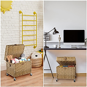 ETRONIK Rolling File Cabinet, Updated 2 Layer File Cabinets for Home Office, Hand Woven File Box with Wheels, File Organizer for Hanging Letter Size Folder, Home Decorative Document Basket, Flaxen