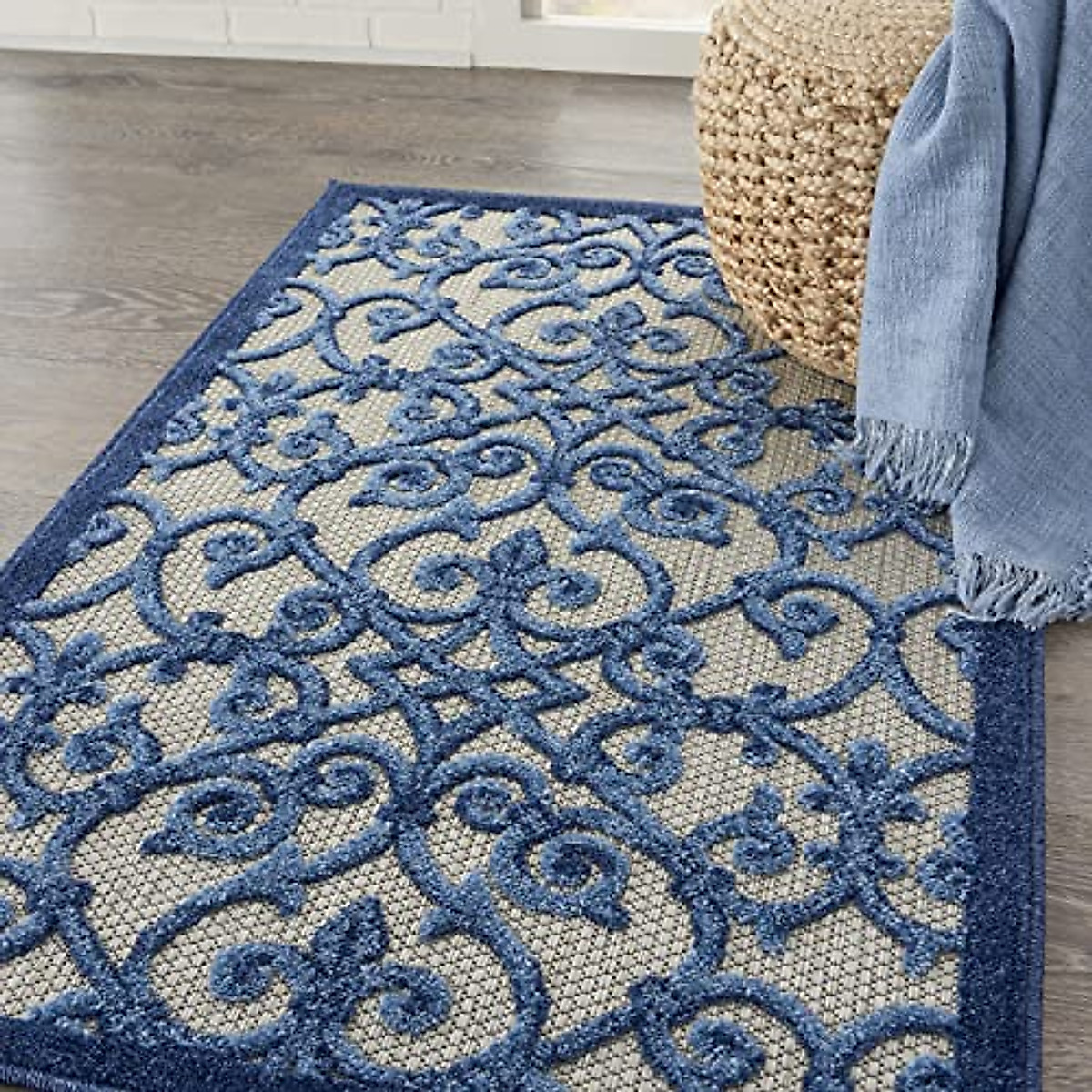 Nourison Aloha Indoor/Outdoor Grey/Blue 2'8" x 4' Area Rug, Transitional, French Country, Easy Cleaning, Non Shedding, Bed Room, Kitchen, Living Room, Deck, Backyard, (3' x 4')