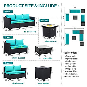 Rattaner 6 PCS Patio Furniture Set Fire Table Outdoor Furniture Sets Gas Fire Pit with Outdoor Storage Box Glass Coffee Table and Waterproof Covers Anti-Slip Turquoise Cushions