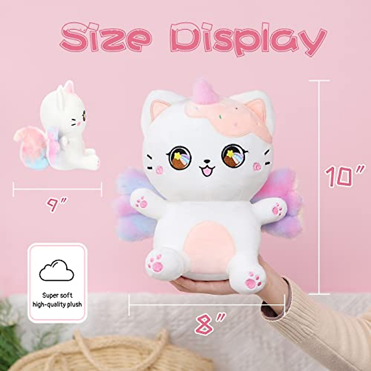 AIXINI Cute Caticorn Plush Stuffed Unicorn Cat Animal Plushie 10" Soft Toy with Rainbow Wings for Girls