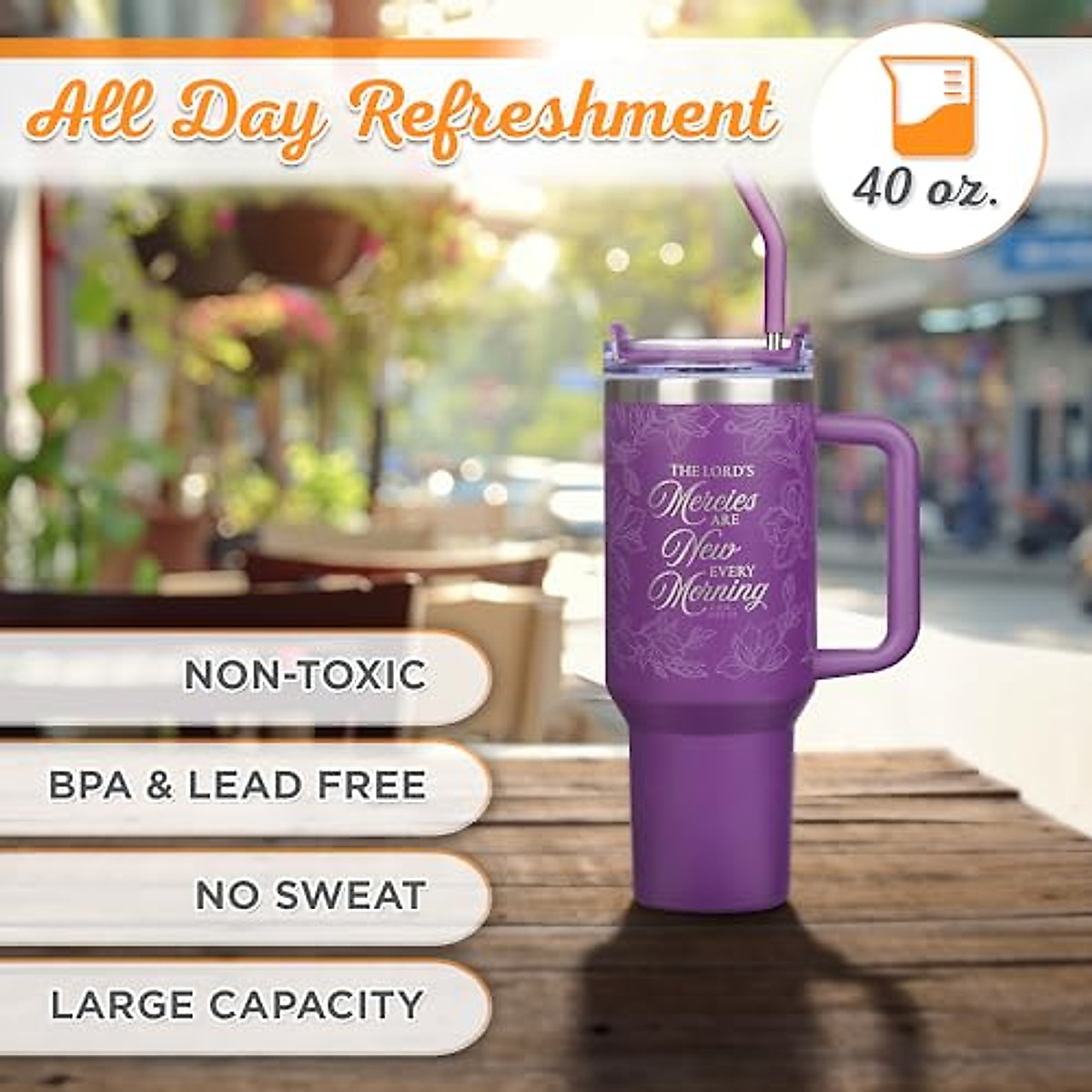 Christian Art Gifts Extra Large Inspirational Scripture Engraved Insulated Stainless Steel Travel Tumbler for Women: Mercies Are New Twist Dial Lid, Reusable Straw & Silicone Tip, Purple Floral, 40 oz
