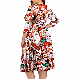 Christmas Dresses Women Plus Size Cat Print Meowy Cute Holiday Casual Long Sleeve Xmas Ugly Wrap Fall 2022 Midi Dress