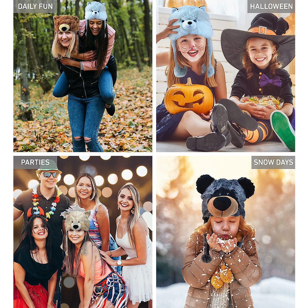 DolliBu Bears and Dogs Animal Plush Hat Set of 4 – Super Soft Black Bear, Wolf, Grizzly, Husky Warm Hats with Ear Flaps, Cute Stuffed Animals Toy Hats, Cozy Fleece Winter Hat for All Ages - 1 Size