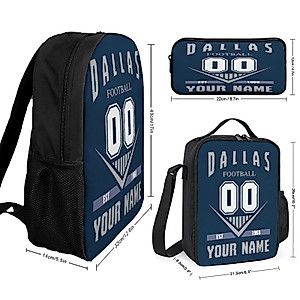 Quzeoxb Custom Dallas Backpack 3pcs Bag Set Laptop Bag, Lunch Bag and Pencil Case Personalized Name Number Gifts for Men Women Boy