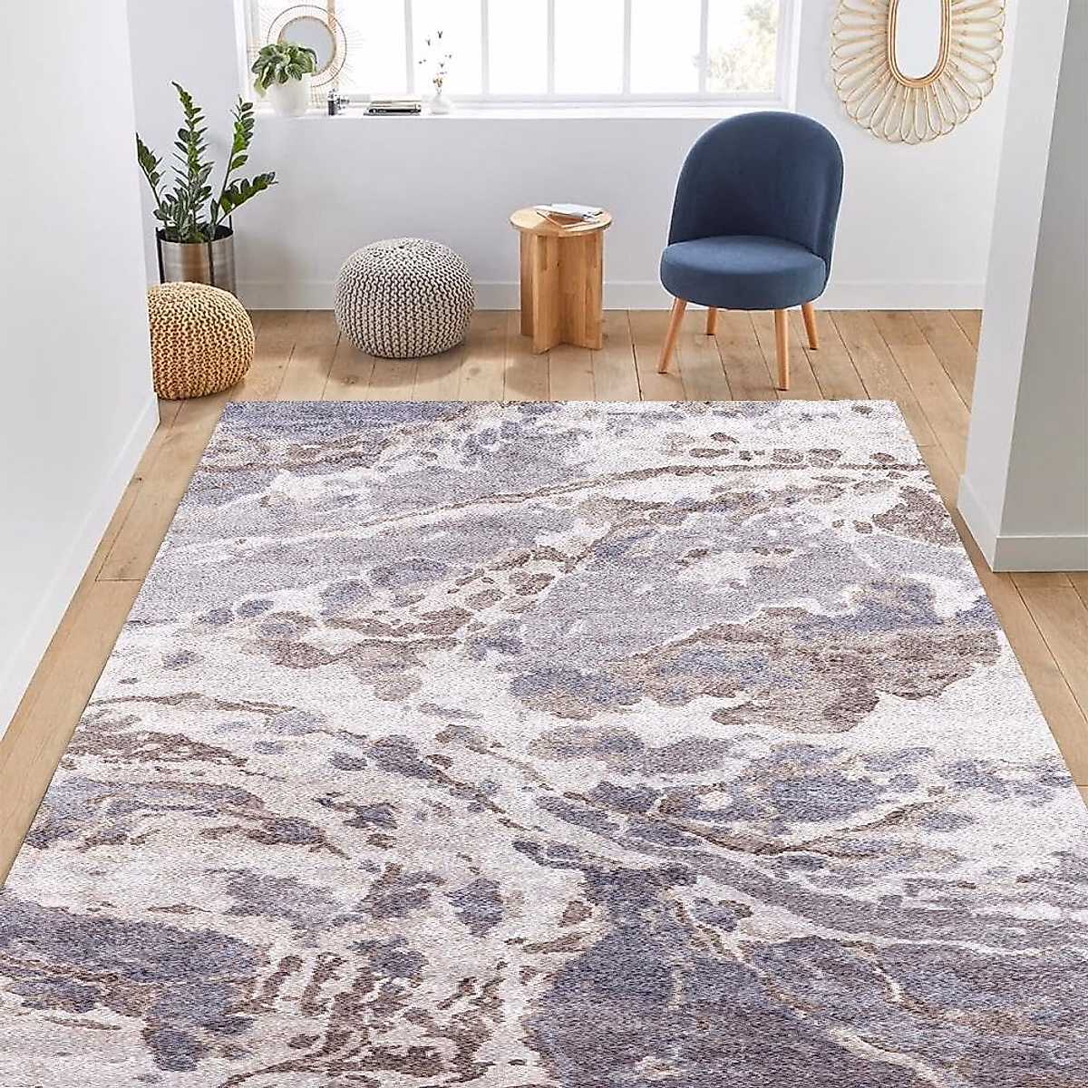 Gray Marble Distressed Area Rug 5'x 7' for Living Room Bedroom, Modern Abstract Rug with Non-Slip Backing Non Shedding Stain Resistant, Machine Washable Carpet for Dining Room