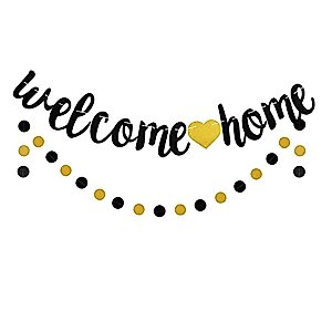 Welcome Home Banner Gold Black Glitter Welcome Home Decoration Sign for Military Deployment Homecoming Return Party Supplies