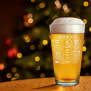 QUPT 50th Birthday Gifts for Men Women Friends, Vintage 1974 Printed 16oz Beer Glass - Funny 50 Year Old Presents - Back in 1974 Old Time Information