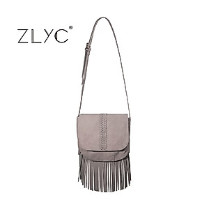 ZLYC Women Bohemian Nubuck Leather Fringe Bag Pouch Tribal Tassel Cross Body Shoulder Bag, Gray