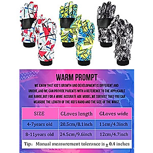Hicarer 3 Pairs Kids Waterproof Gloves Winter Warm Snow Gloves Boys Girls Ski Gloves Windproof for Cold Weather (Cool Style, 8-11 Years)