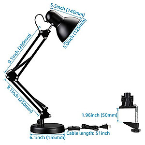 TORCHSTAR Metal Desk Lamp, Swing Arm Desk Lamp with Clamp, Adjustable Goose Neck Architect Study Table Lamp, Clip On Eye-Caring Reading Lamp for Home, Office, Multi-Joint, Black Finish