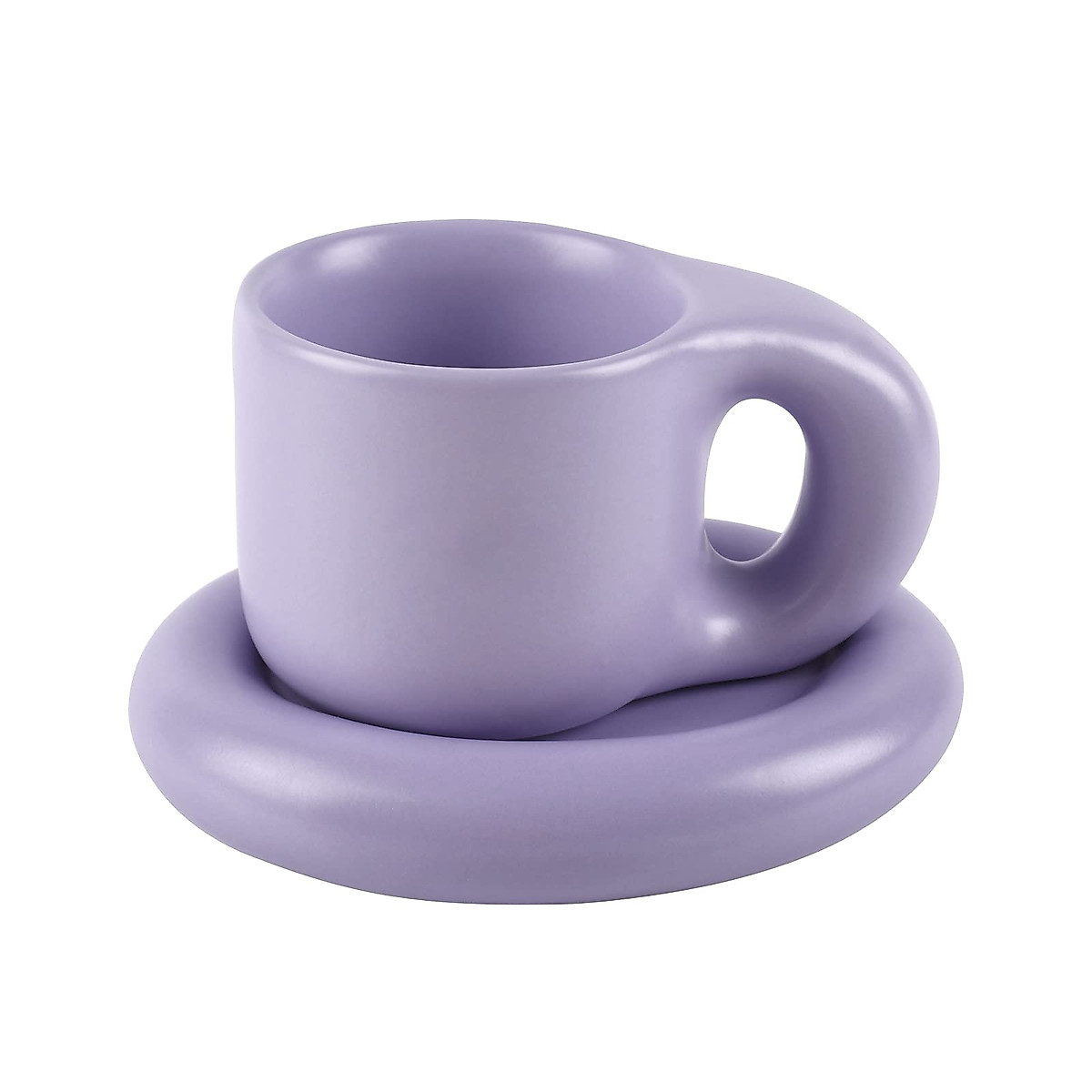 Koythin Ceramic Coffee Chubby Mug Saucer Set, Creative Cute Fat Handle Cup with Saucer for Office and Home, Dishwasher and Microwave Safe, 10 oz for Latte Tea Milk (Light Purple)