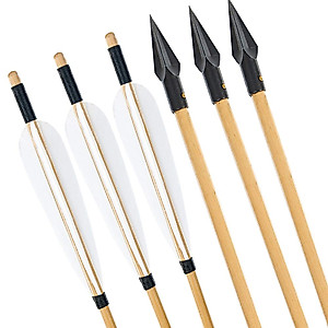 Huntingdoor 6pcs White Turkey Feather Wooden Shaft Hunting Shooting Arrows 31inch with A-803 arrowhead 150grain (White)