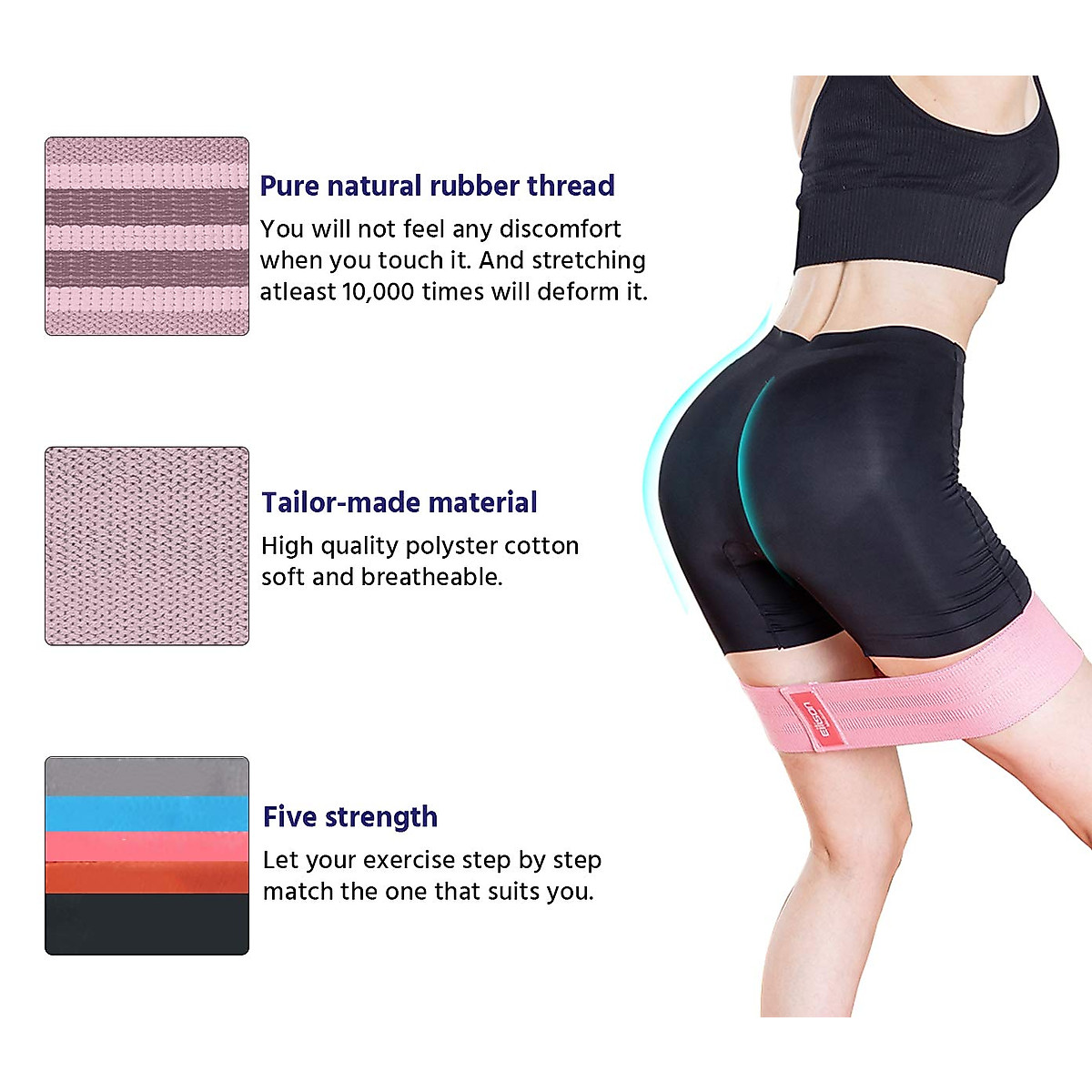 EILISON GLAMFIT Booty Resistance Bands for Women Legs and Butt (Set of 5), Exercise & Fitness Band - Cotton Loops Hip Thigh Glute Bands, Elastic Strength Squat Band (Level 5 - S - M - L- XL - XXL)