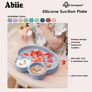 Abiie Octopod Frog Silicone Plates with Suction - Spill Proof, Easy to Clean - BPA-Free Bowl - Suction Plates for Baby and Toddler - Training & Feeding Divided Grip Dish (Sage Green)