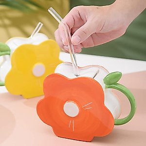 berjaya 13 oz Flower Shaped Ceramic Mug with Straw and Lid Large Capacity Coffee Home Decoration Gift (yellow)