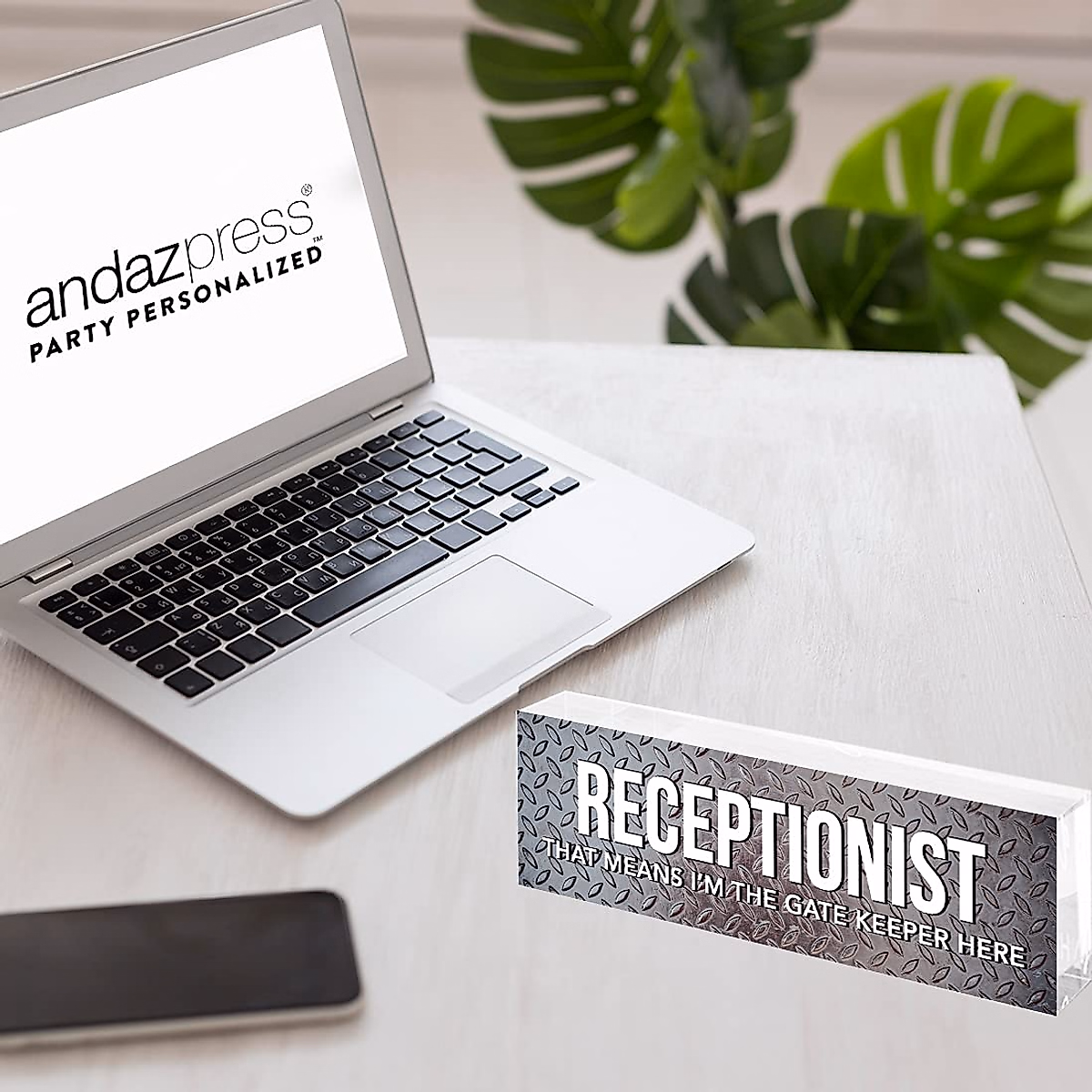 Andaz Press Funny Office Desk Plate, Gate Keeper Acrylic Plate for Home, Desk, Front Desk Receptionist, Secretary, Work, Co-Worker, Funny Nameplate Sign Decorations for Men Women, 8" X 2.5"