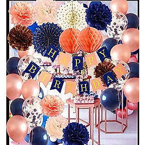 Navy Blue Birthday Decorations for Women 50th/40th/60th Birthday Qian's Party Champagne Peach Navy Peach Balloons HAPPY BIRTHDAY Banner for Women's Birthday Party Decorations