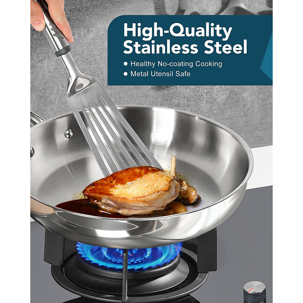 MICHELANGELO Stainless Steel Frying Pan Set, 8" / 9.5" / 11" Cooking Pans, Triply Base Stainless Steel Pan Set with Ergonomic Handle, Induction Compatible