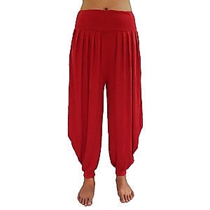 Lovely Creations Women's Drape Harem Pants Best for Dance, Yoga, Pilates, Belly Dance Fitness, Lounging - Super Soft Aladdin Pants Free Size (S-XL) (JS Red)