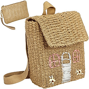 Silkfly 2 Pcs Kids Straw Small Backpack and Straw Clutch Bag Handbag Backpack Girls Straw Woven Bag Mini Woven Bag Bohemian Straw Clutch Bag Cute Little House Straw Backpack for Kid Girls