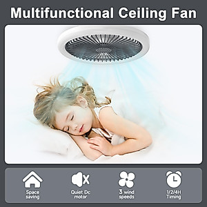 Ceiling Fan with Light and Remote - 10 inch Low Profile Socket Fan E27 Enclosed Bladeless Screw in Ceiling Fan with 3 Color Adjustable Temperature Small Modern Fandelier Ceiling Fan for Indoor (Grey)